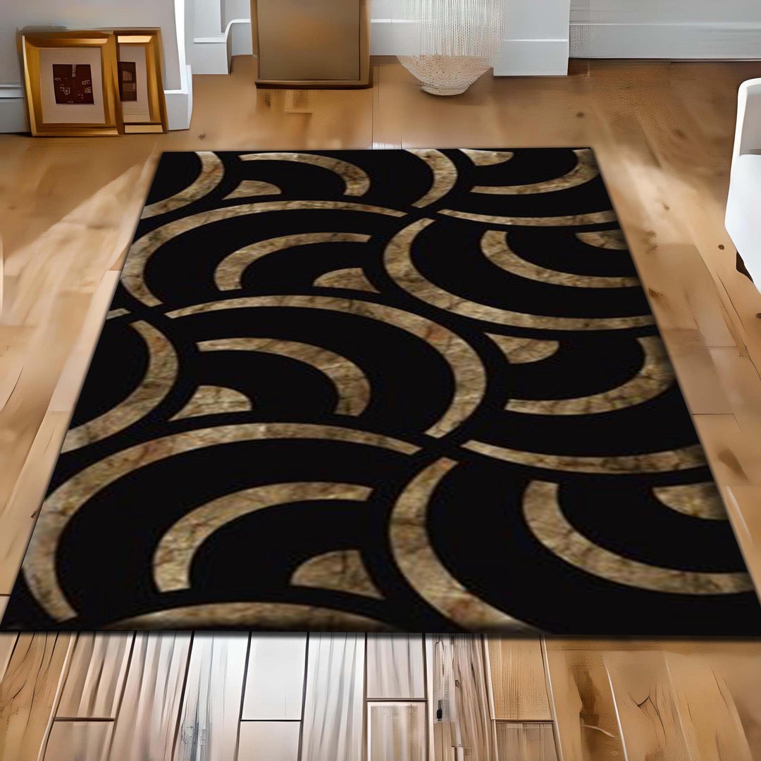 Floor Rug, Modern Black and Gold Geometric Area Rug, Luxury Rectangular ...