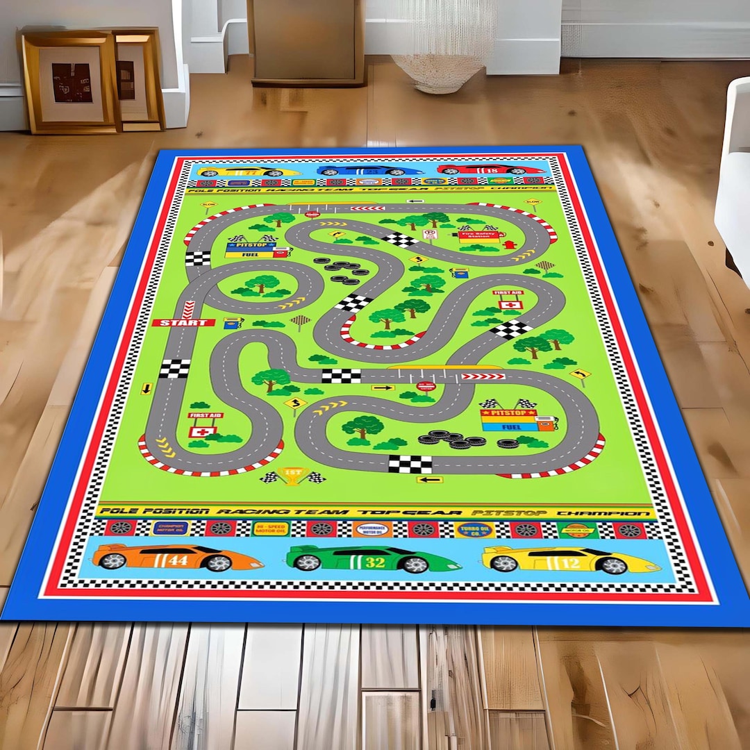 Kids Race Car Play Rug: Colorful Track, Non-slip Playroom Mat - Etsy