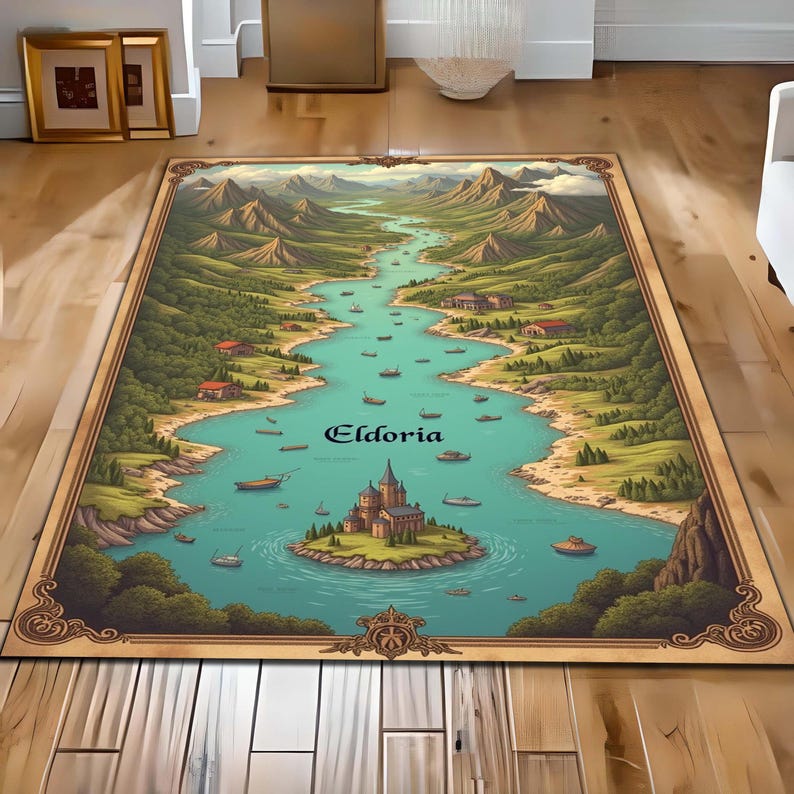 Eldoria Map Rug, Fantasy Map Rug Eldoria, Medieval Castle River Map Carpet, Vintage Style ...
