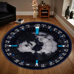World Time Zone Round Rug, Modern Map Clock Carpet, Unique Global Decor ...