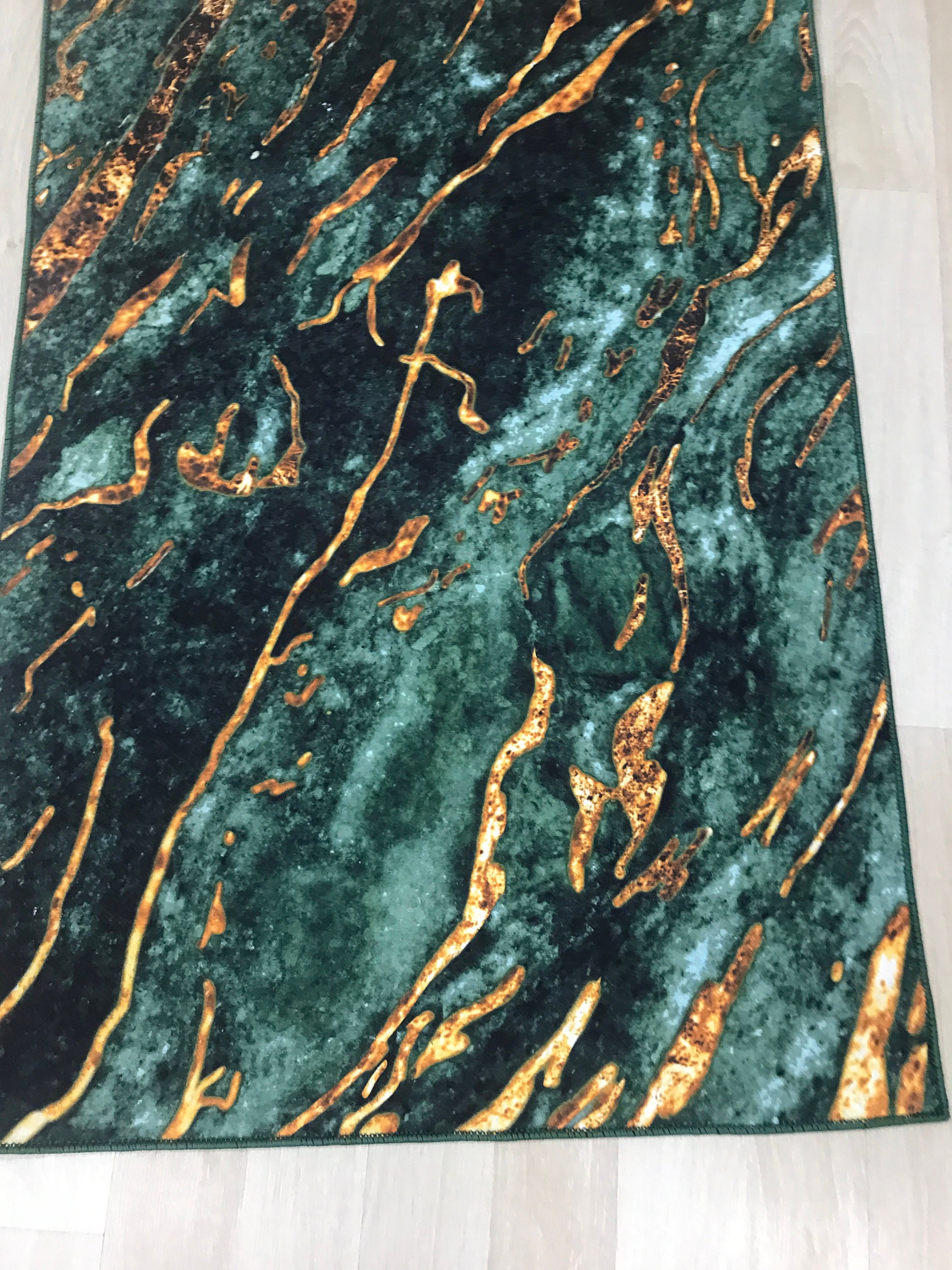 Emerald Marble Rug Emerald Green Decor Rug, Gold Color Rug, Marble ...
