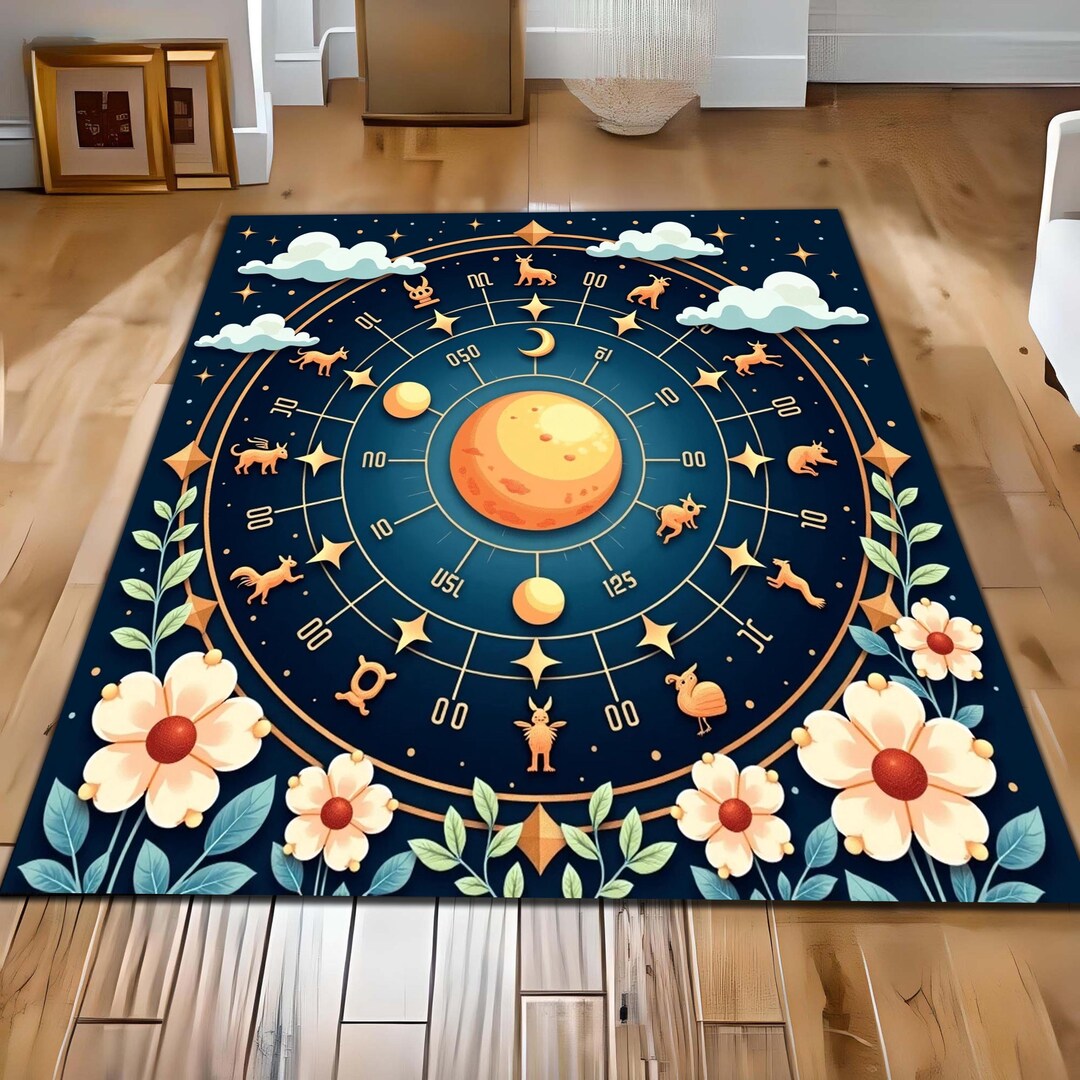 Zodiac Astrology Floor Area Rug: Celestial Sun and Moon Carpet Rug ...
