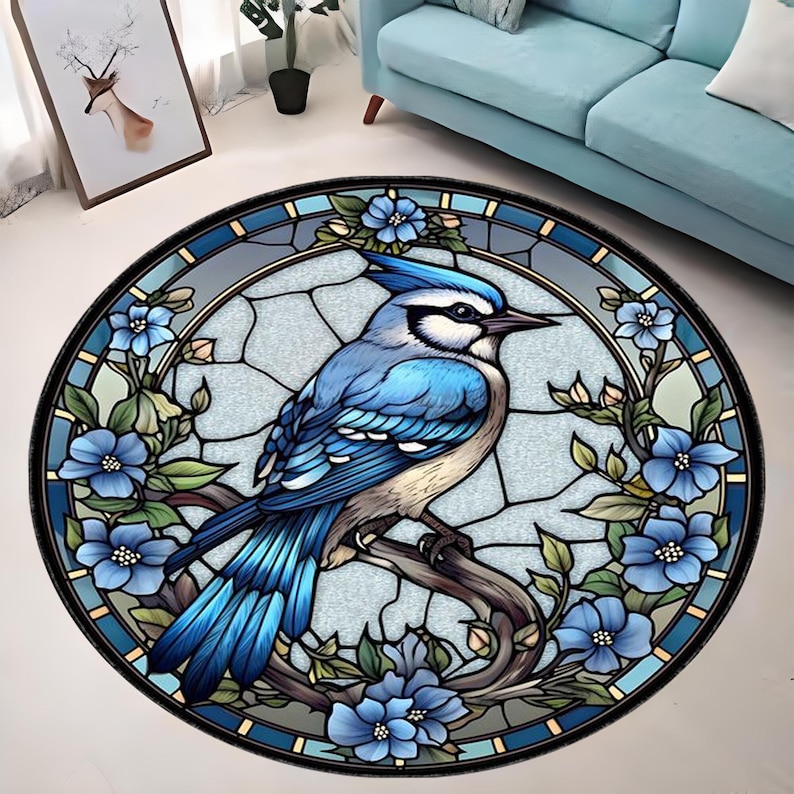 Blue Jay Round Rug, Bird Design Entry Decor, Round Rug, Circle Decor ...