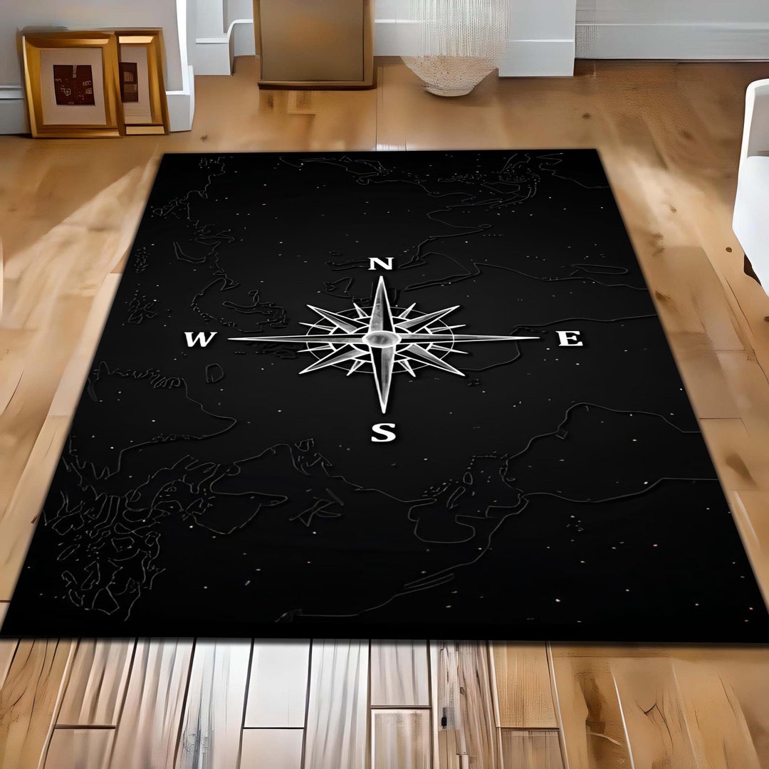 Modern Black Compass Rose Area Rug, Large Compass Map Floor Rug, Unique ...