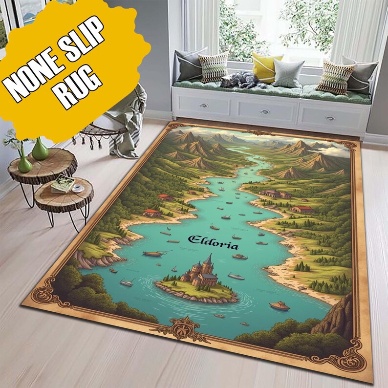 Eldoria Map Rug, Fantasy Map Rug Eldoria, Medieval Castle River Map Carpet, Vintage Style ...