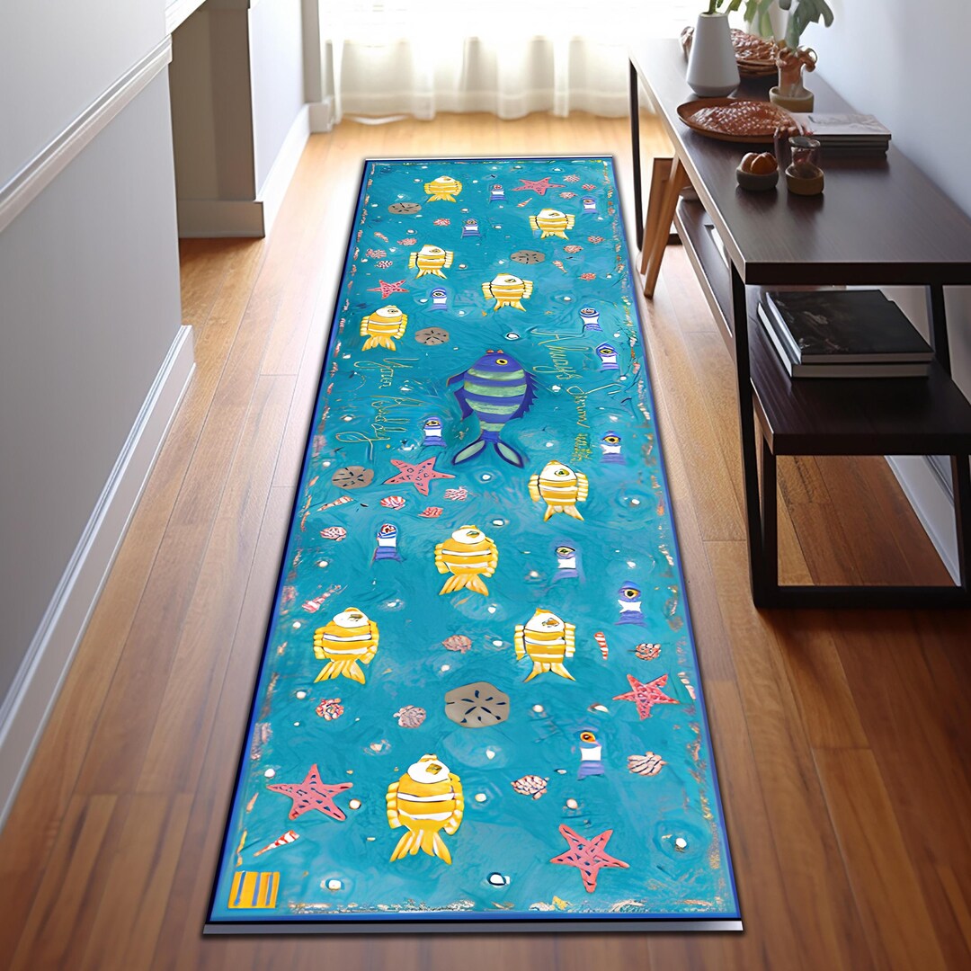Fish Kitchen Runner Rug: Beachy Blue Washable Floor Mat - Etsy