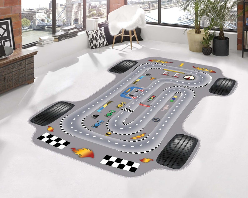 Car Racing Themed Rug, Car Racing Patterned Rug, Car Racing Area Rug ...