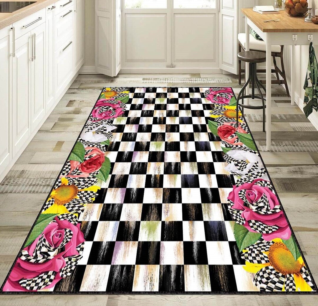 Checkered Decor Rug Floral Design Rug, Floor Rug, Kitchen Rug, Kitchen ...