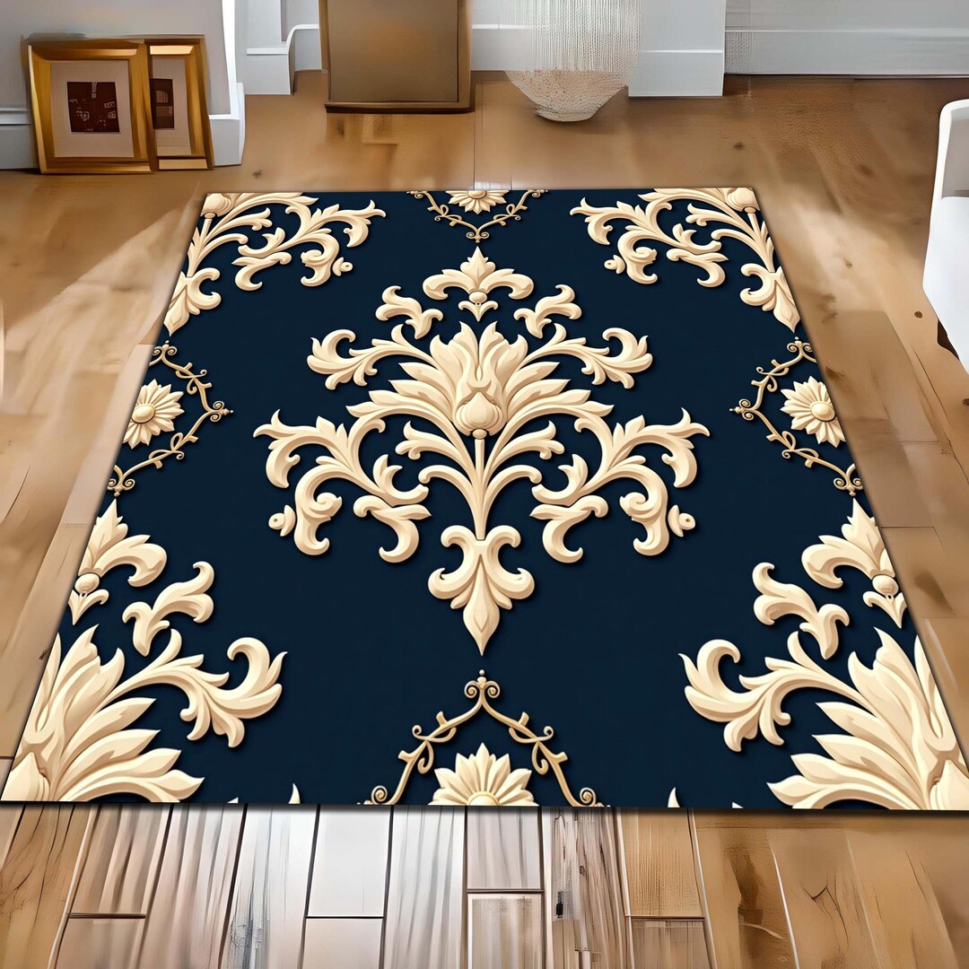 Luxury Navy and Gold Baroque Area Rug, Ornate Damask Carpet, Elegant ...