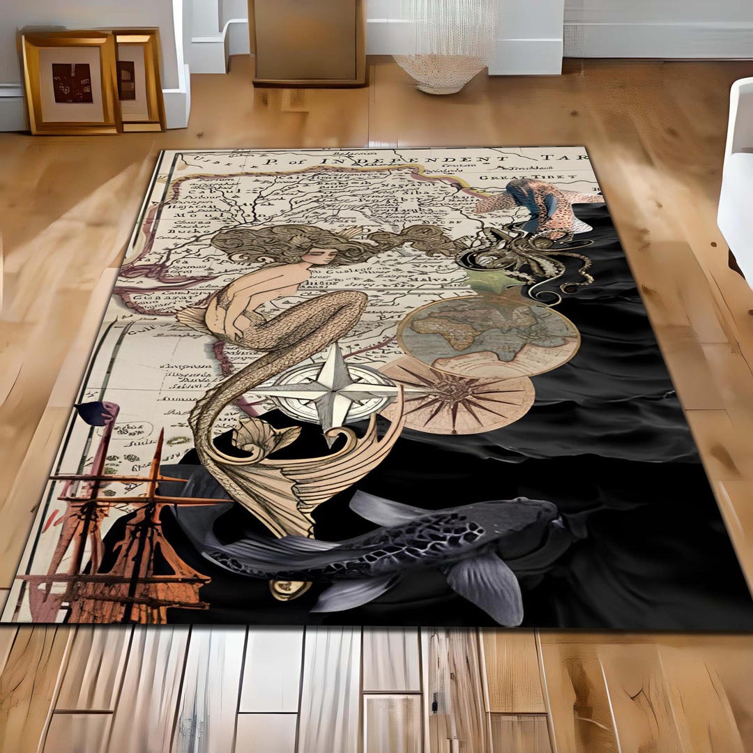 Vintage Nautical Mermaid Rug, Old World Map Design Rug, Sea Creatures ...