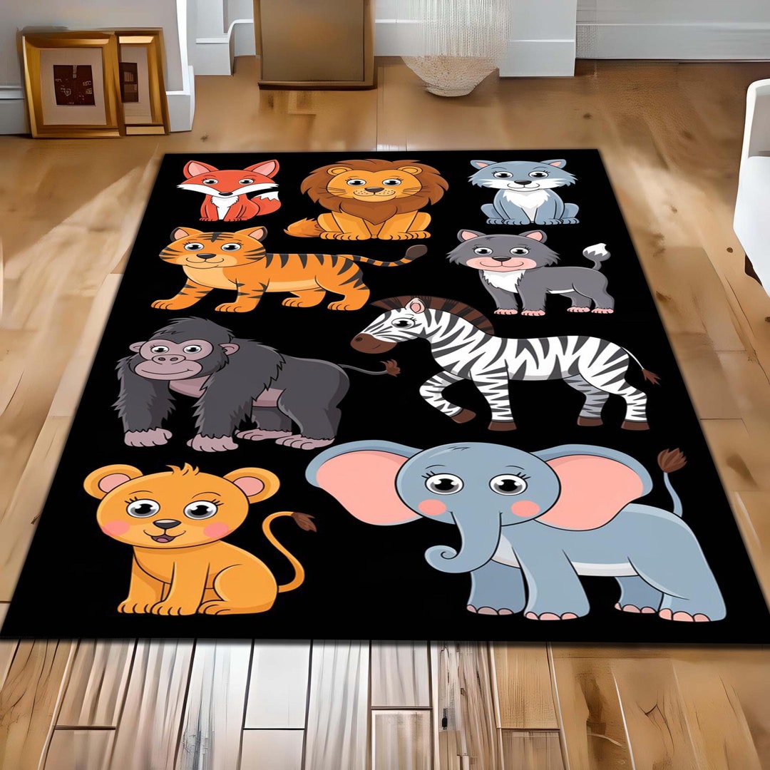 Jungle Safari Animal Rug: Kids Playroom Cartoon Carpet - Etsy