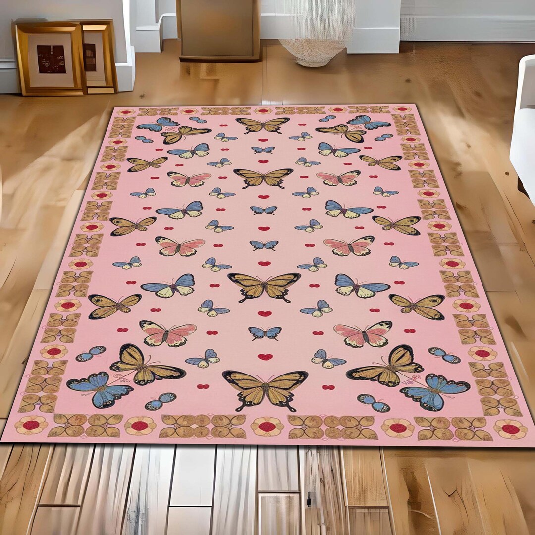 Butterfly Rug, Pink Butterfly Area Rug, Floral Border Design Rug, Pink ...