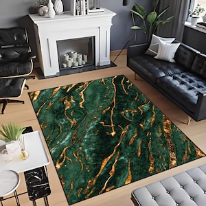 Emerald Marble Rug Emerald Green Decor Rug, Gold Color Rug, Marble ...