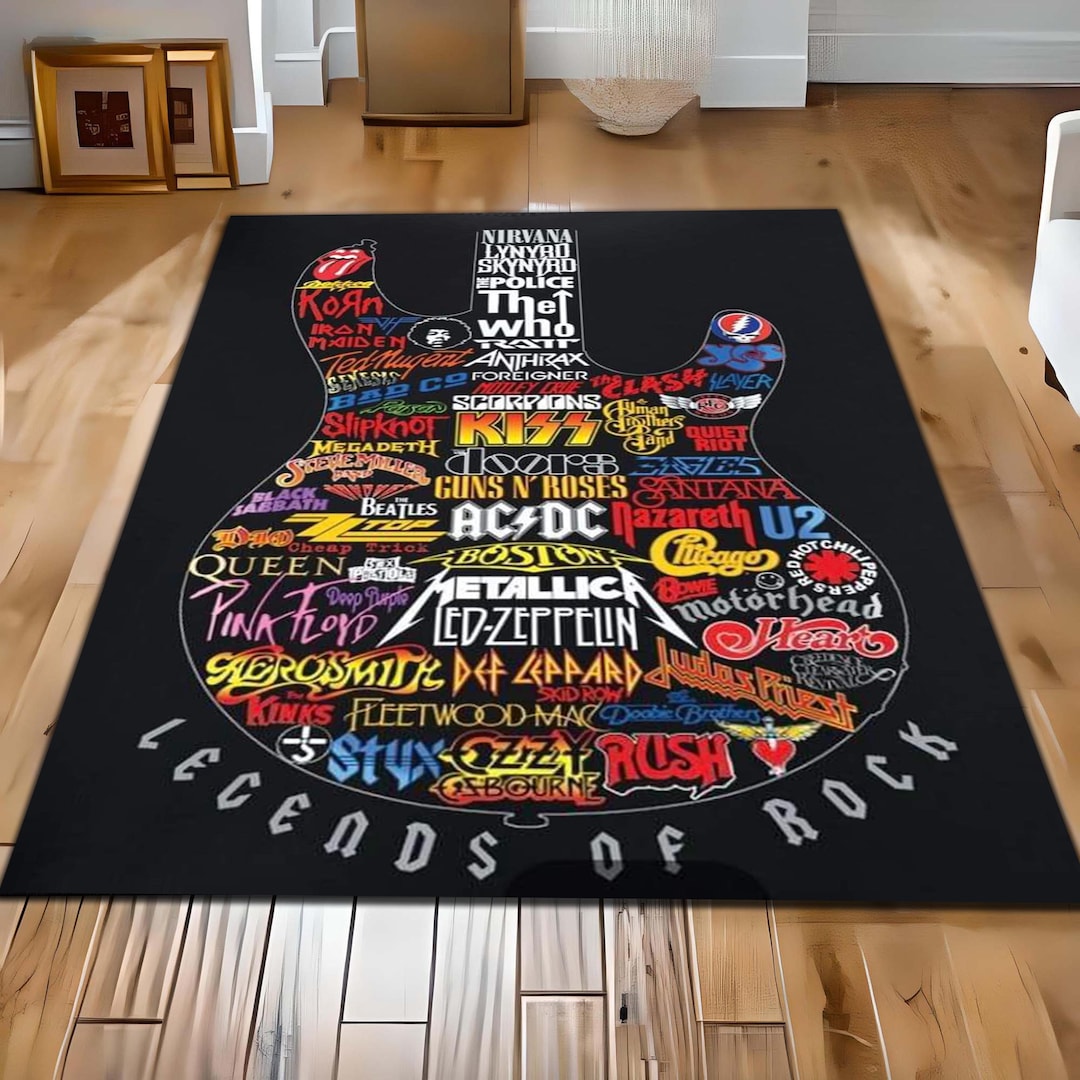 Legends of Rock Music Rug, Electric Guitar Shape and Band Logos Rug ...