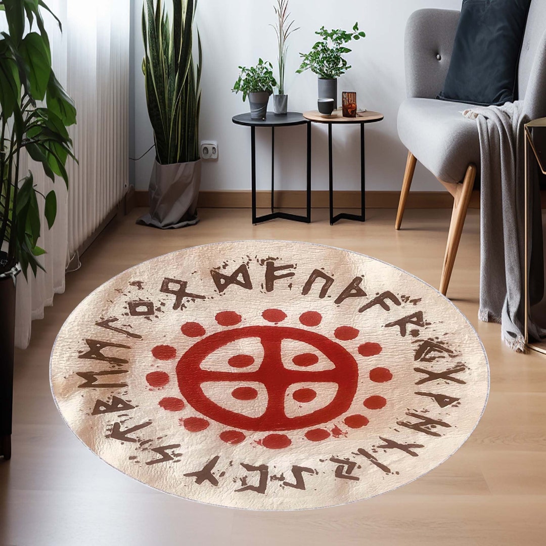 Viking Sun Wheel Round Rug: Elder Futhark Runes, Non-slip - Etsy