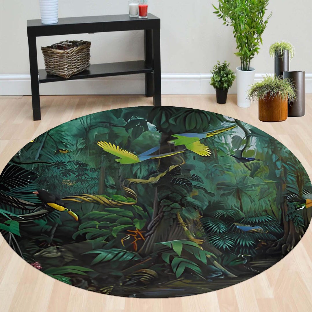 Round Rug, Tropical Jungle Round Rug With Parrots, Exotic Nature Forest ...