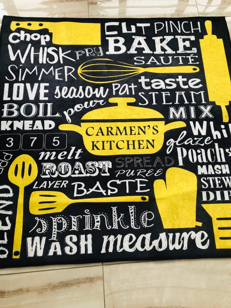 Custom Name Kitchen Rug,cooking Words Rug, Cooking Utensils Rug, Yellow ...