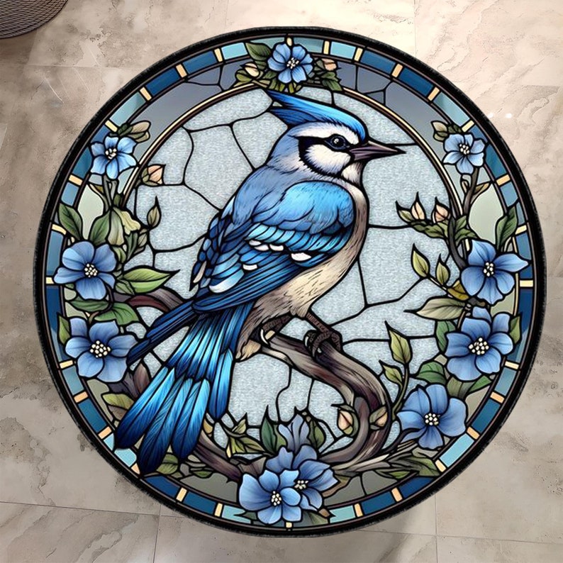 Blue Jay Round Rug, Bird Design Entry Decor, Round Rug, Circle Decor ...