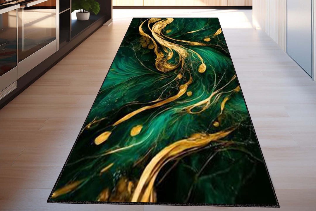 Marble Decor Rug, Marble Gold Rug, Runner Decor Rug, Kitchen Emerald ...