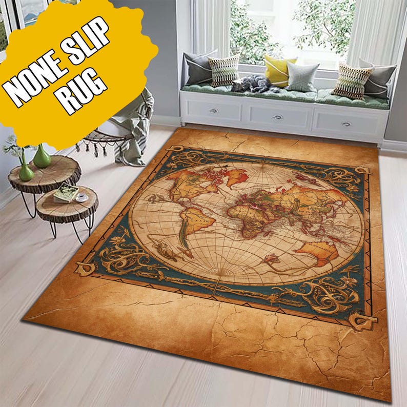 Vintage World Map Floor Area Rug: Antique Style Globe Design Carpet ...