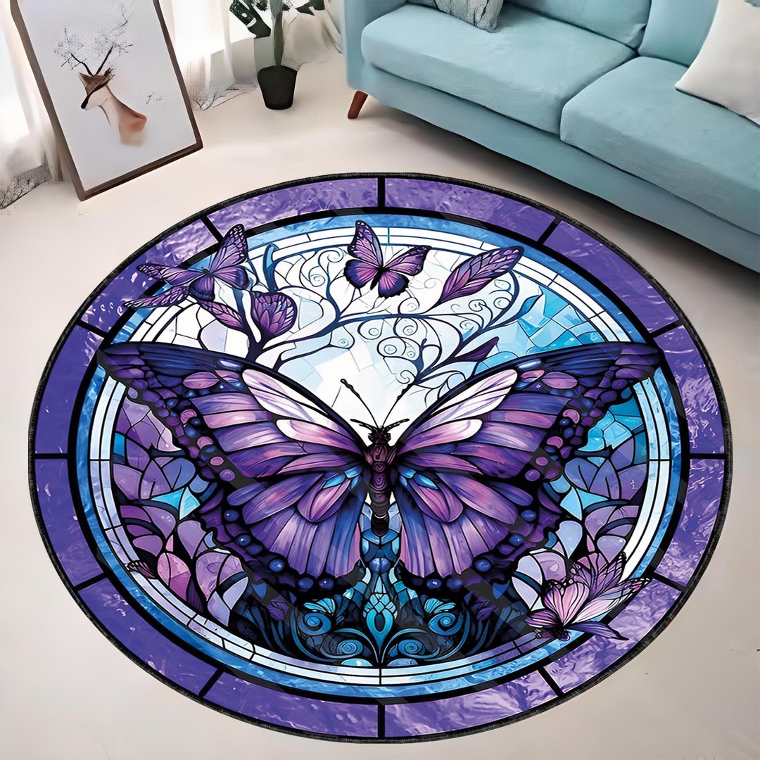 Purple Rug, Butterfly Rug, Unique Gift Rug, Round Butterfly Rug, Circle ...
