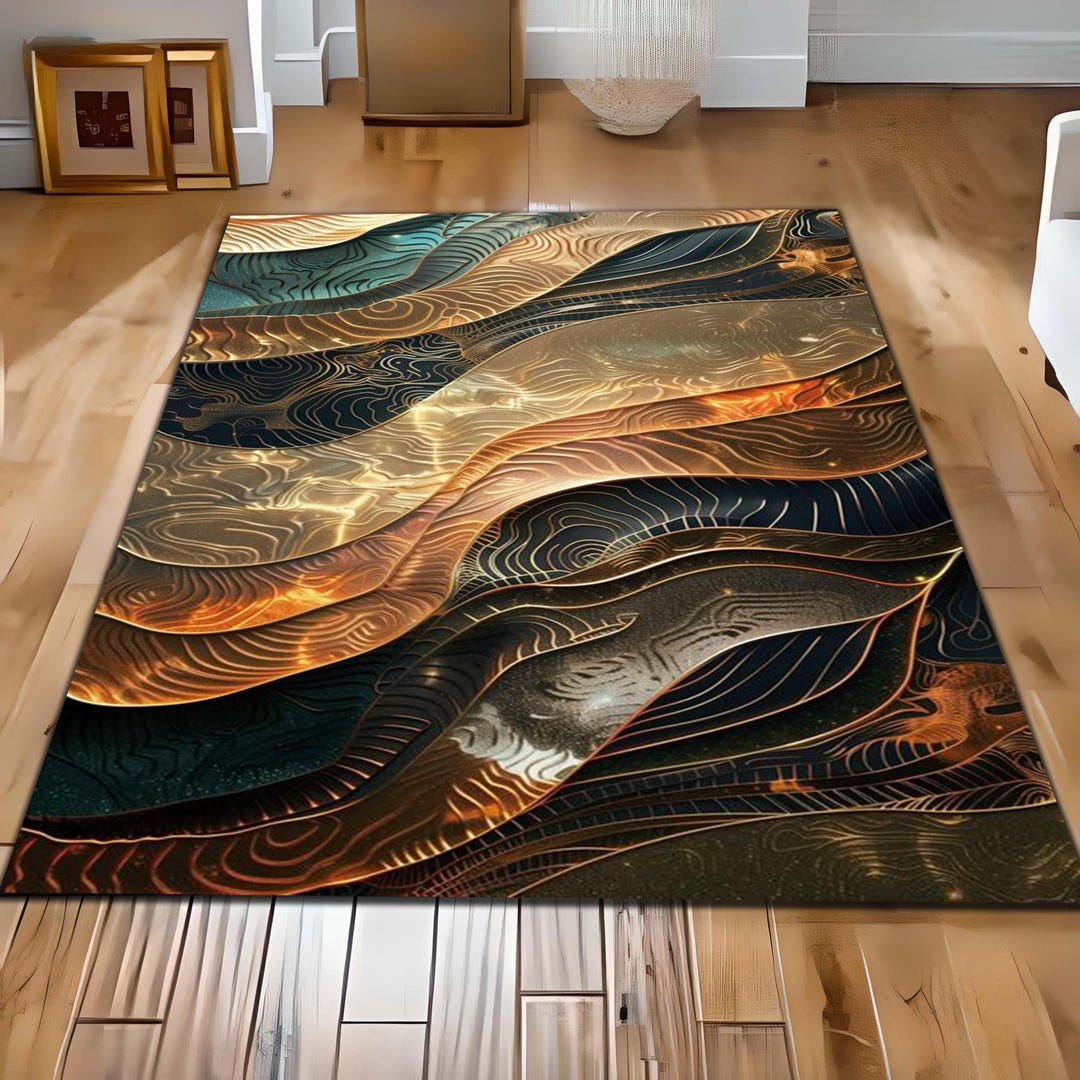 Abstract Earthy Wave Rug, Marble Rug, Golden Accents Rug, Fluid Line ...