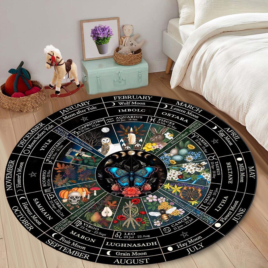 Wheel of the Year Rug, Round Wiccan Wheel of the Year Rug, Zodiac and ...