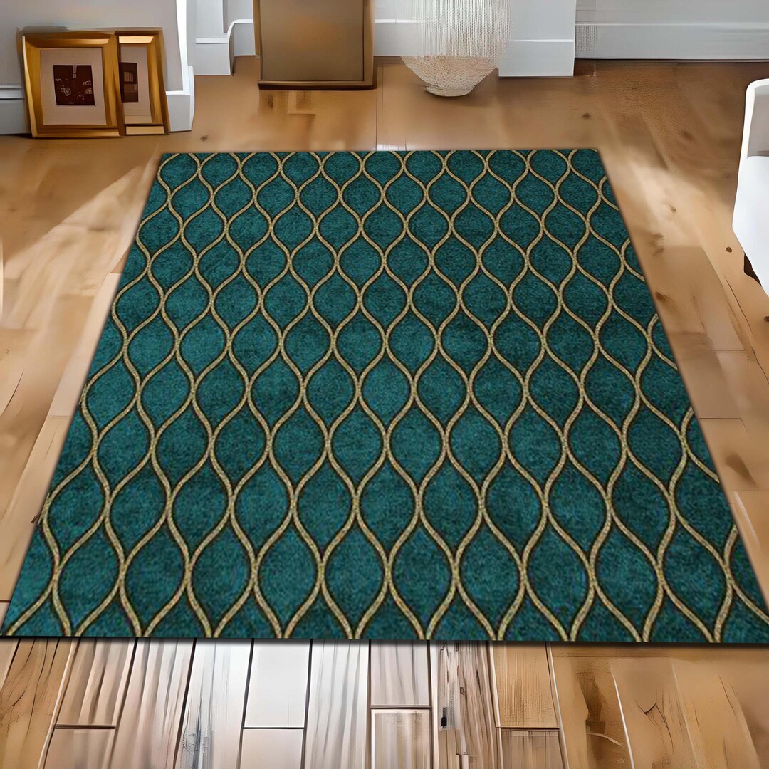 Teal Geometric Wave Pattern Rug: Modern Washable Non Slip Carpet ...