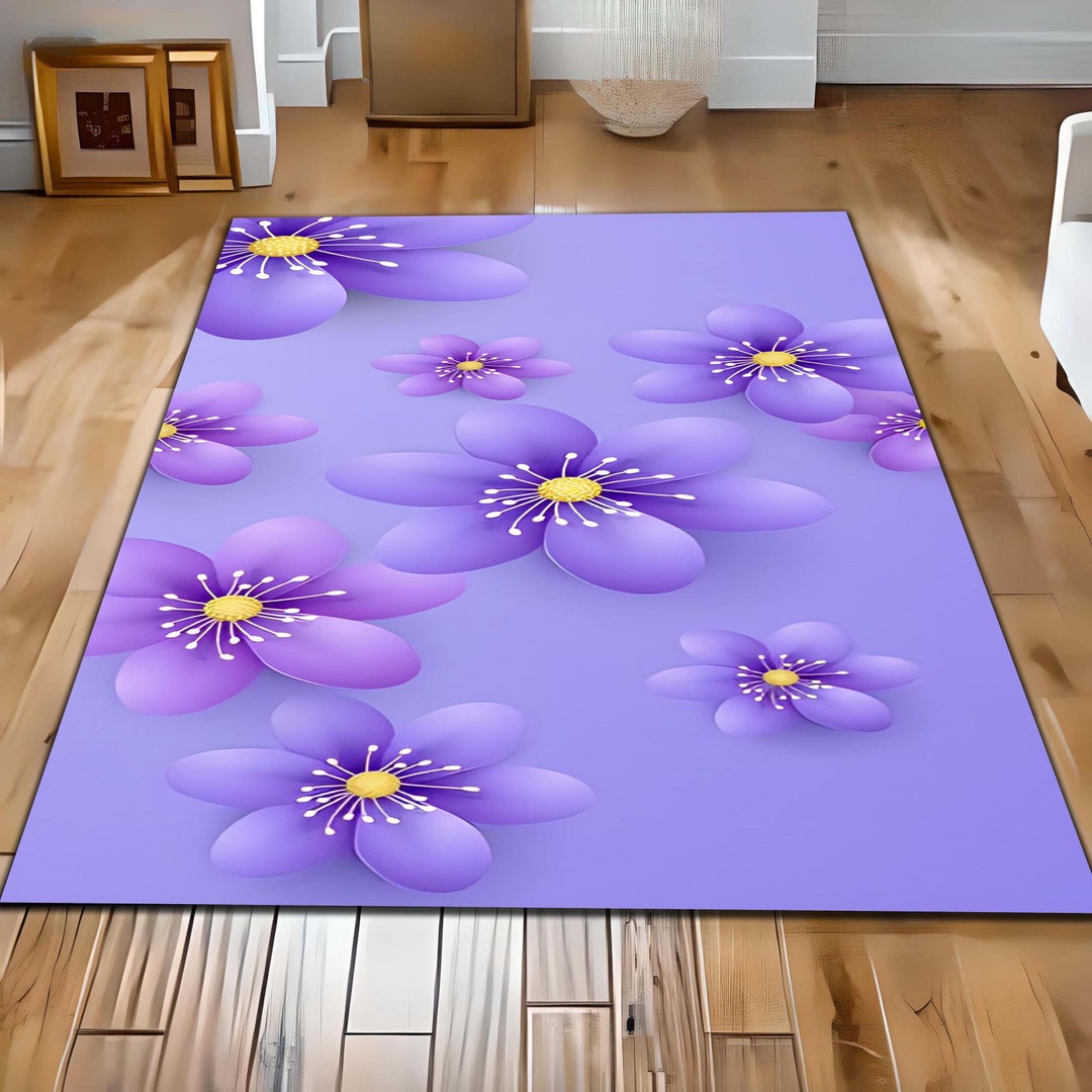 Purple Floral Area Rug, 3D Flower Pattern, Large Lavender Living Room ...