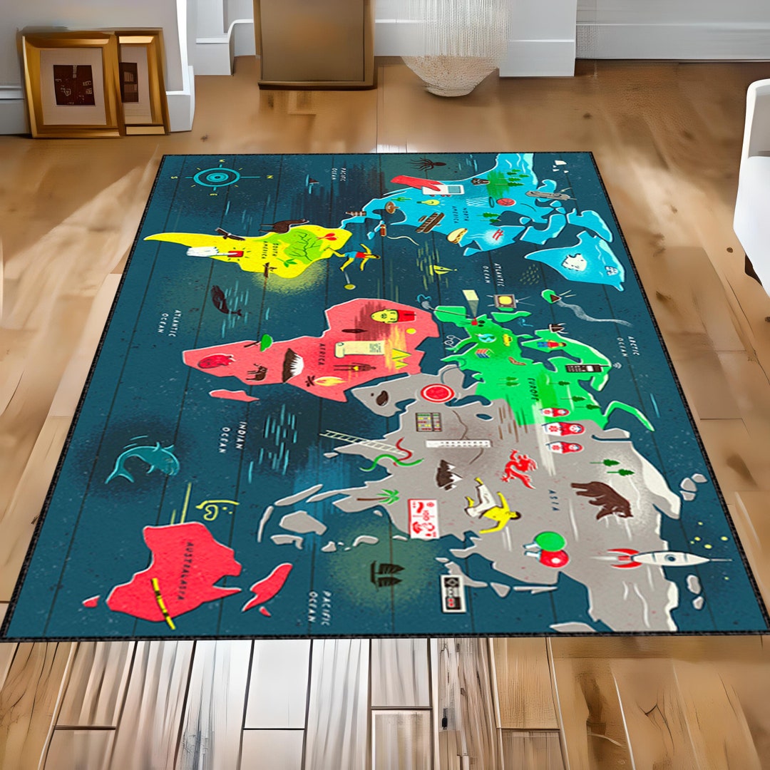 World Map Decor Rug, Nursery Map Decor Rug, Animal Map Decor Rug, Floor ...