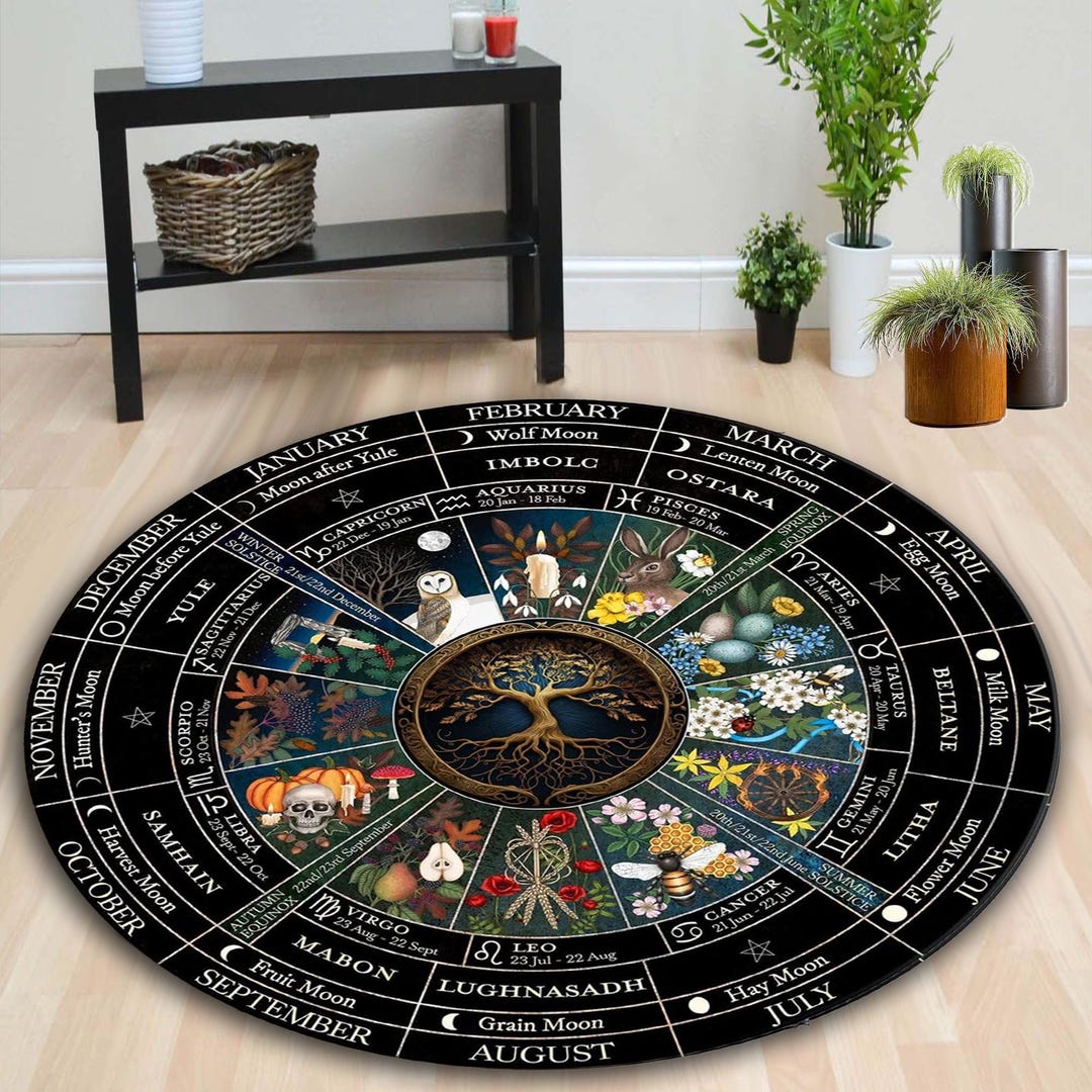 Wheel of the Year Rug, Pagan Wiccan Decor Rug, Round Rug, Zodiac Art ...