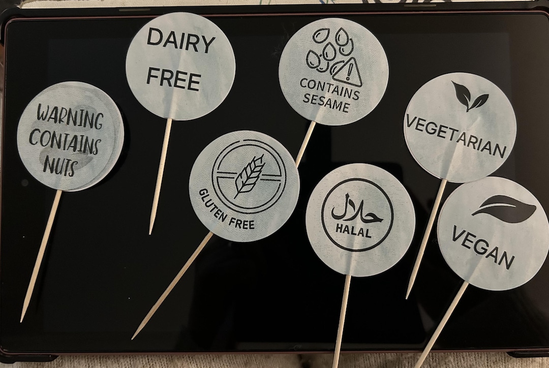 12 Allergen Food Label Cake Topper Sticks - Buffet Party Flag Vegan ...