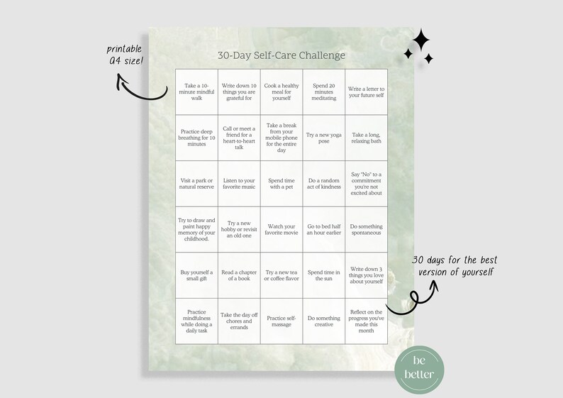 30 Day SELF CARE ROUTINE, Printable Planner in Green Color Tones, 30 ...