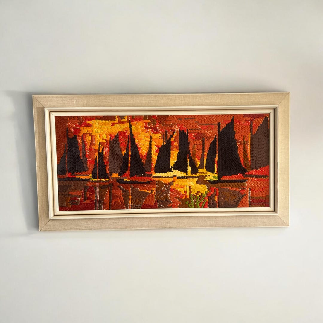Psychedelic Embroidery Picture of Boats at Sunset - 1960s. an ...