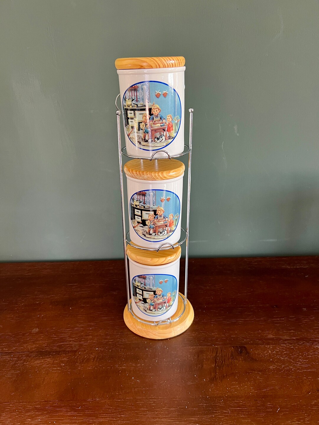 M. J. Hummel 3 Porcelain Storage Jars Set From HELU With Metal Stand ...
