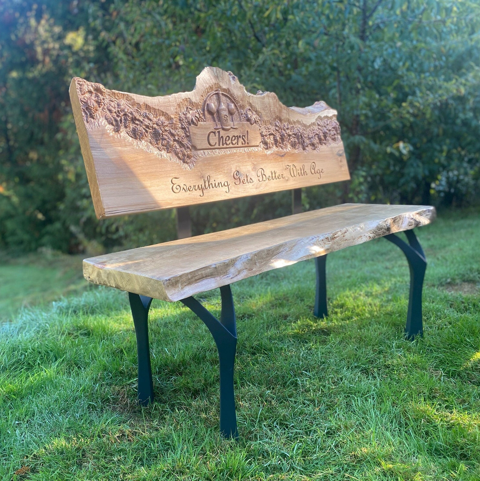 Live Edge-wood Carved -wine & Grapevine Garden Patio Outdoor Bench ...