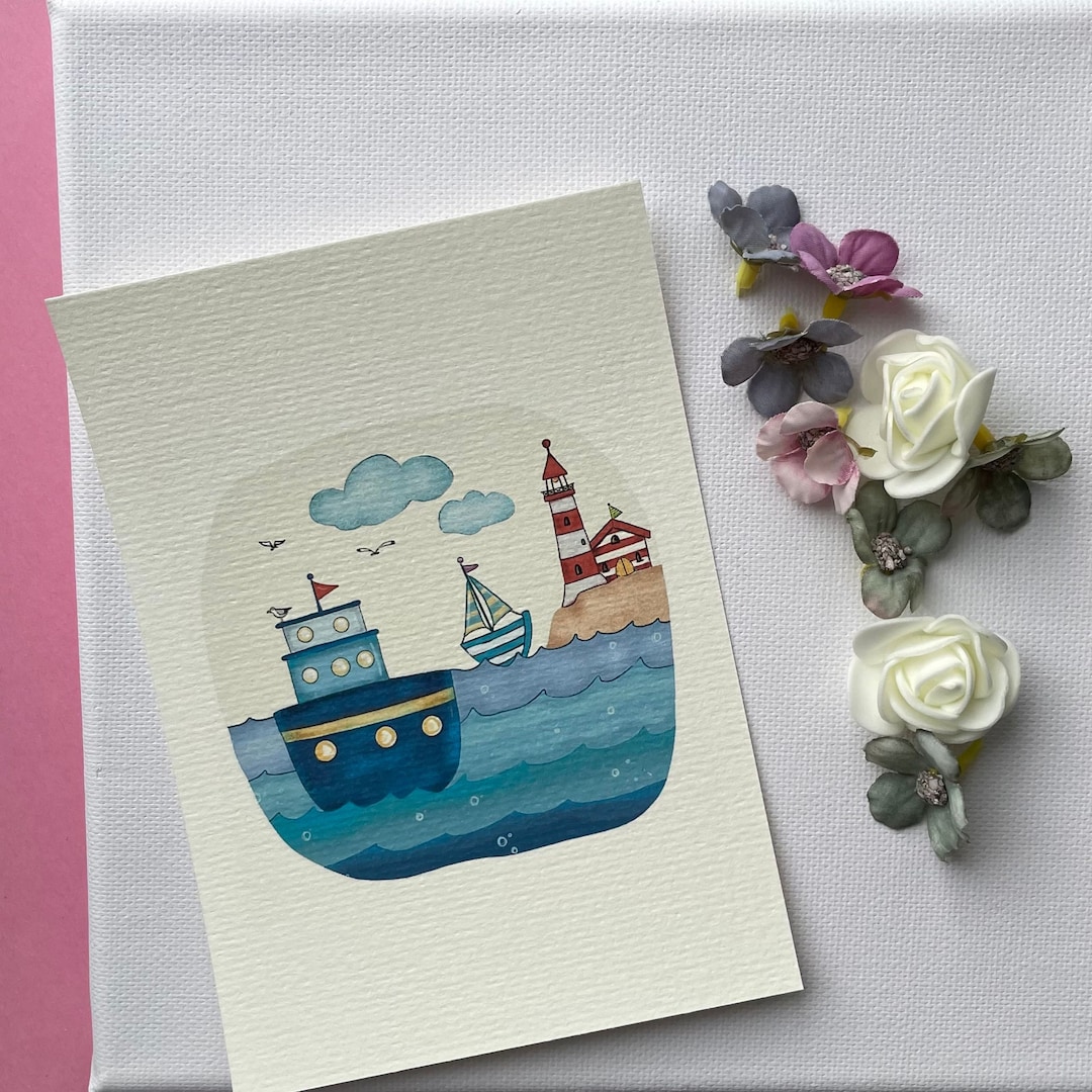 Cute Illustration Prints, Sweet Ship, Lighthouse, Ship on the Water - Etsy