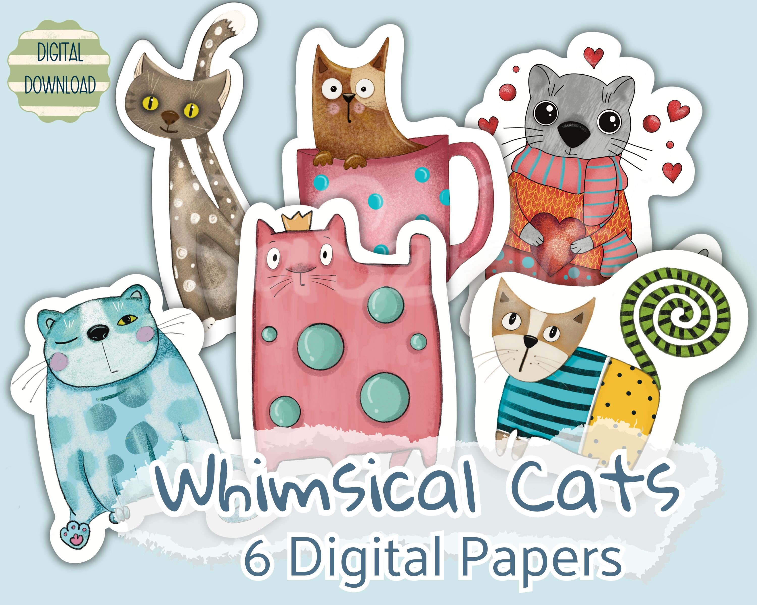 Digital Cats Digital Sheet Art Cats Art Journal ATC Cards Whimsical ...