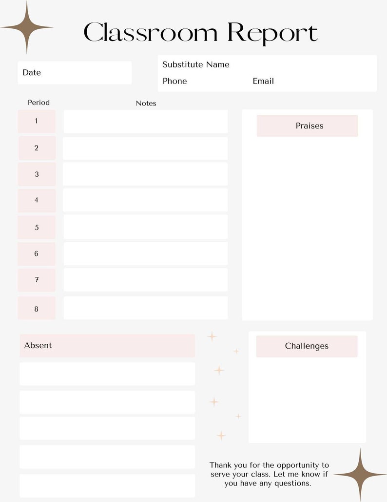 Substitute Teacher Classroom Report for Permanent Teacher - Etsy