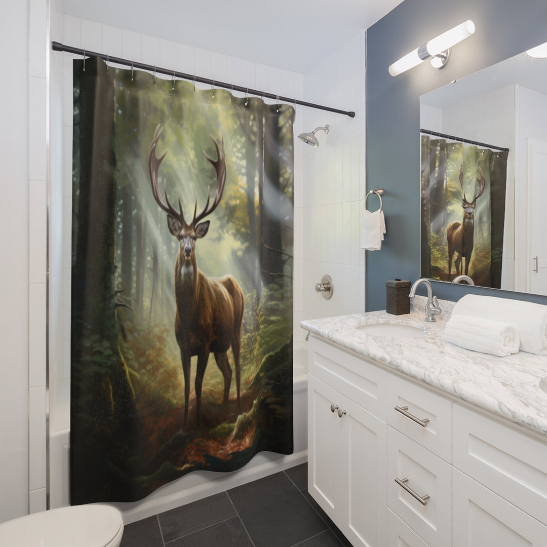 Big Game Shower Curtain Big Buck in Woods Rustic Home Decor for Log ...