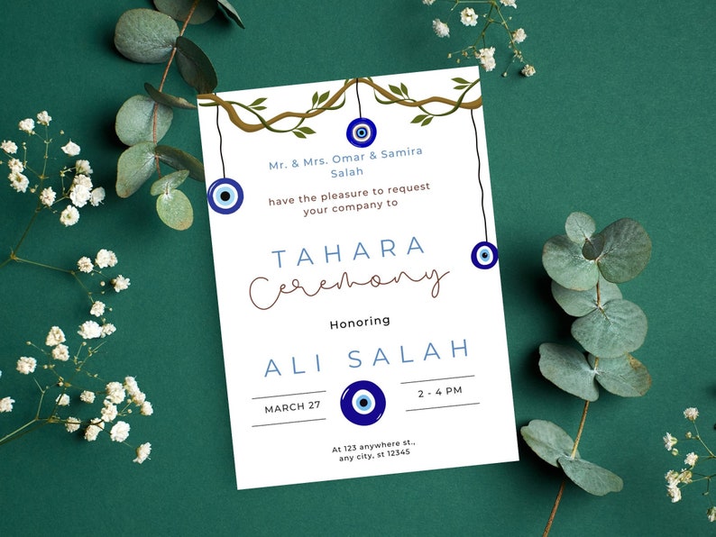 Tahara Ceremony Invitation, Evil Eye Themed Muslim Circumcision Party ...