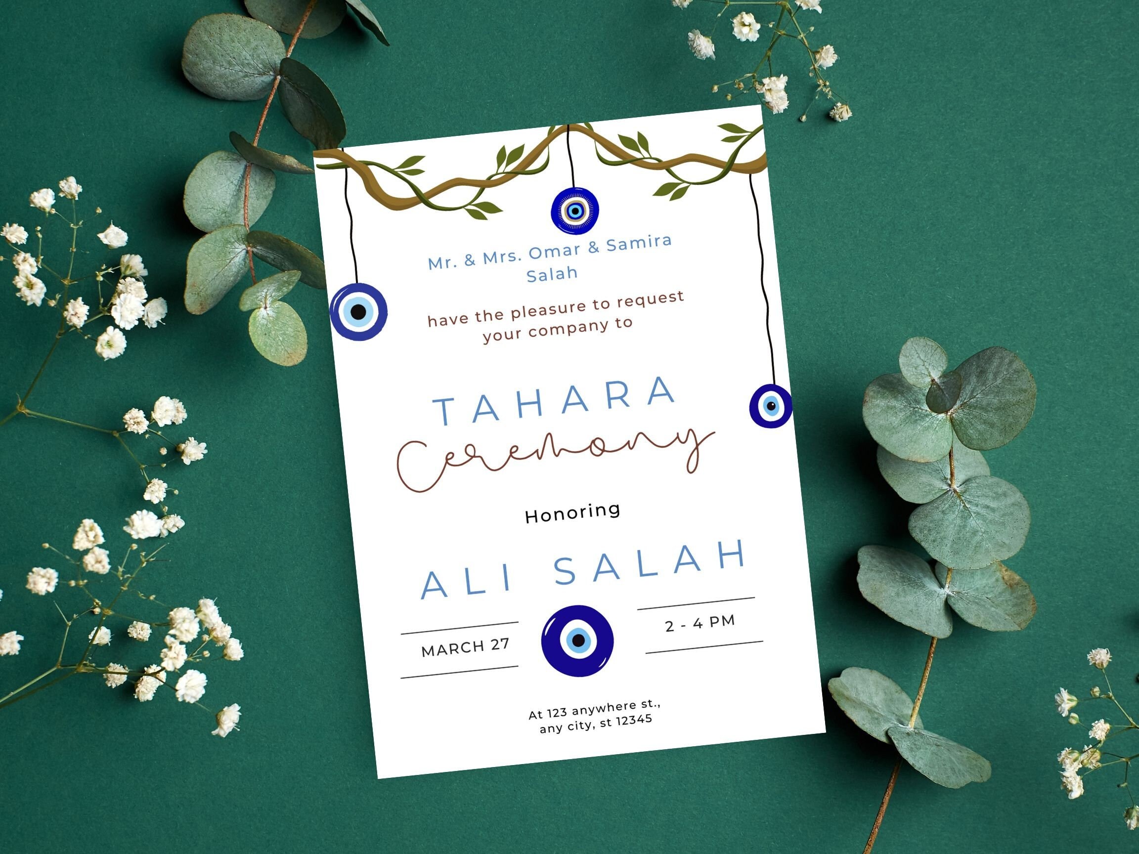 Tahara Ceremony Invitation, Evil Eye Themed Muslim Circumcision Party ...