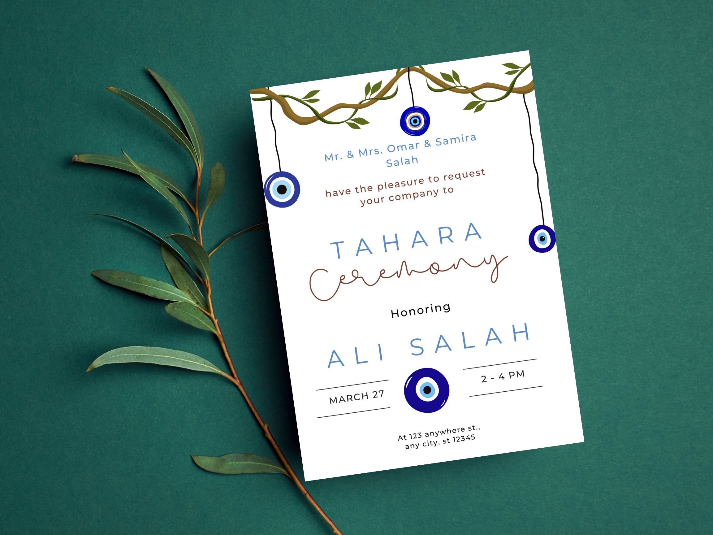 Tahara Ceremony Invitation, Evil Eye Themed Muslim Circumcision Party ...