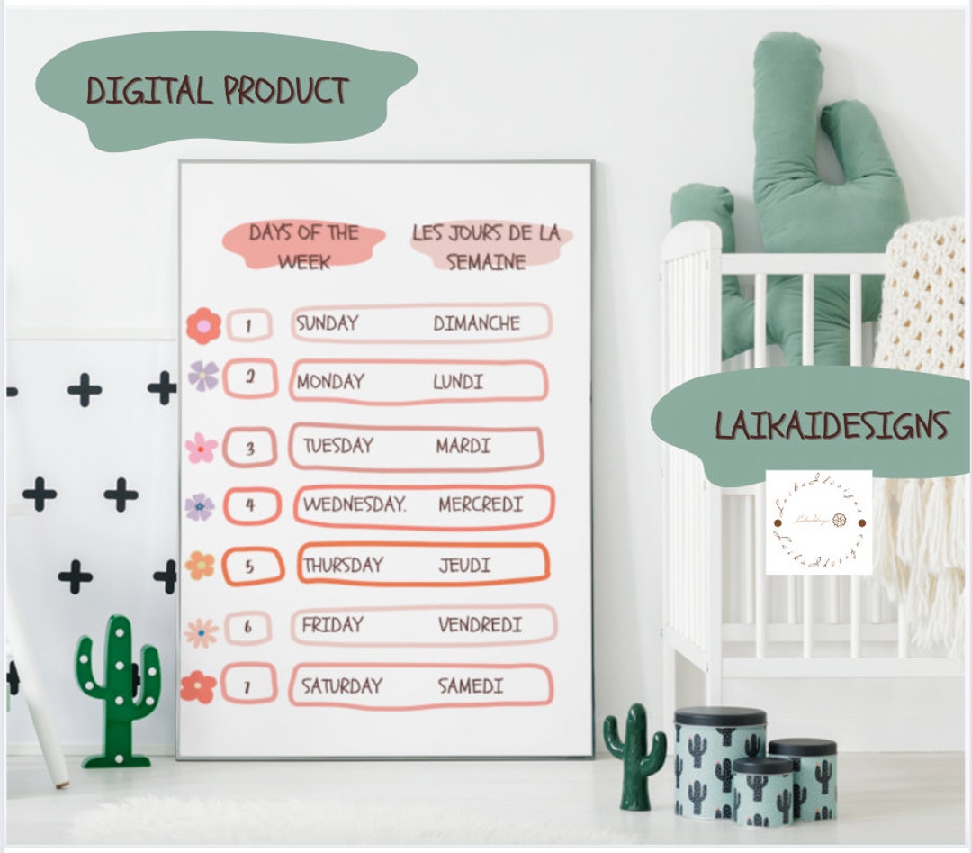 Days of the Week Chart Bilingual English and French - Etsy
