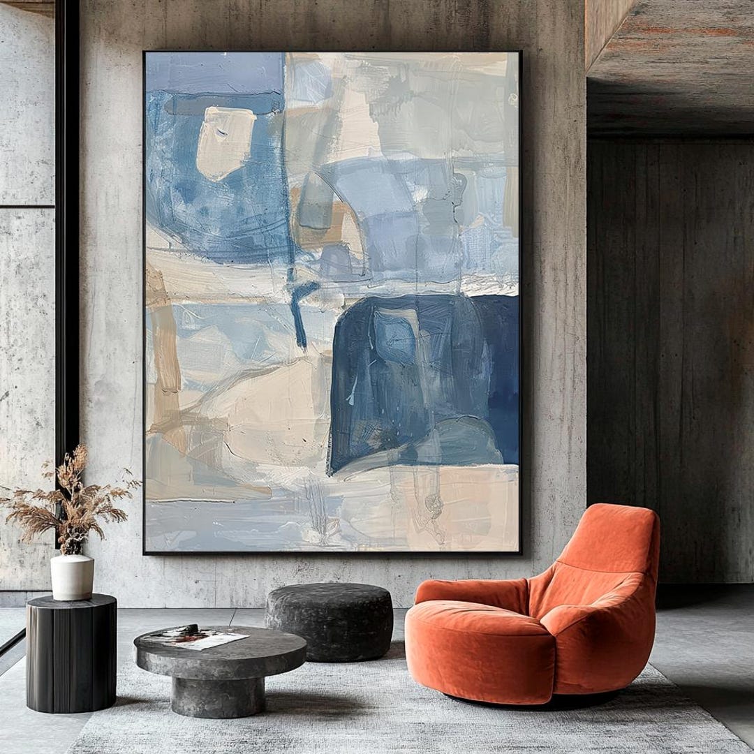 Abstract Painting Blue Wall Art Minimalist Decor Coastal Neutral Tones ...