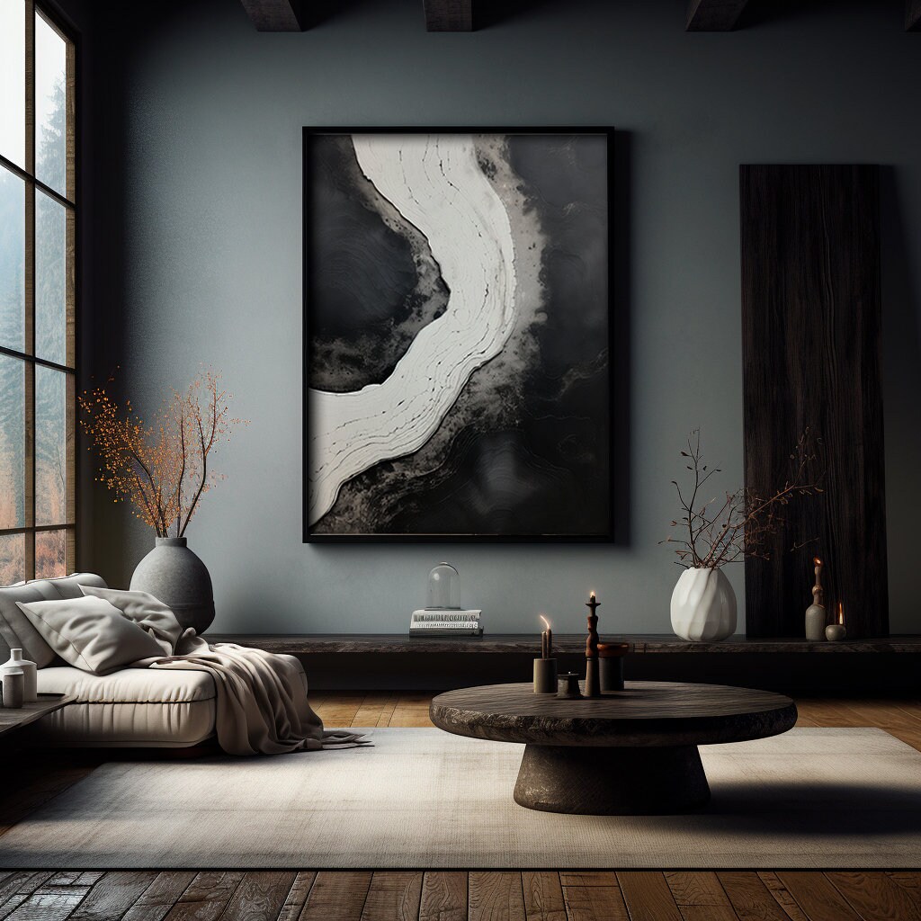 Large Black and White Abstract Art Black River Painting Abstract ...
