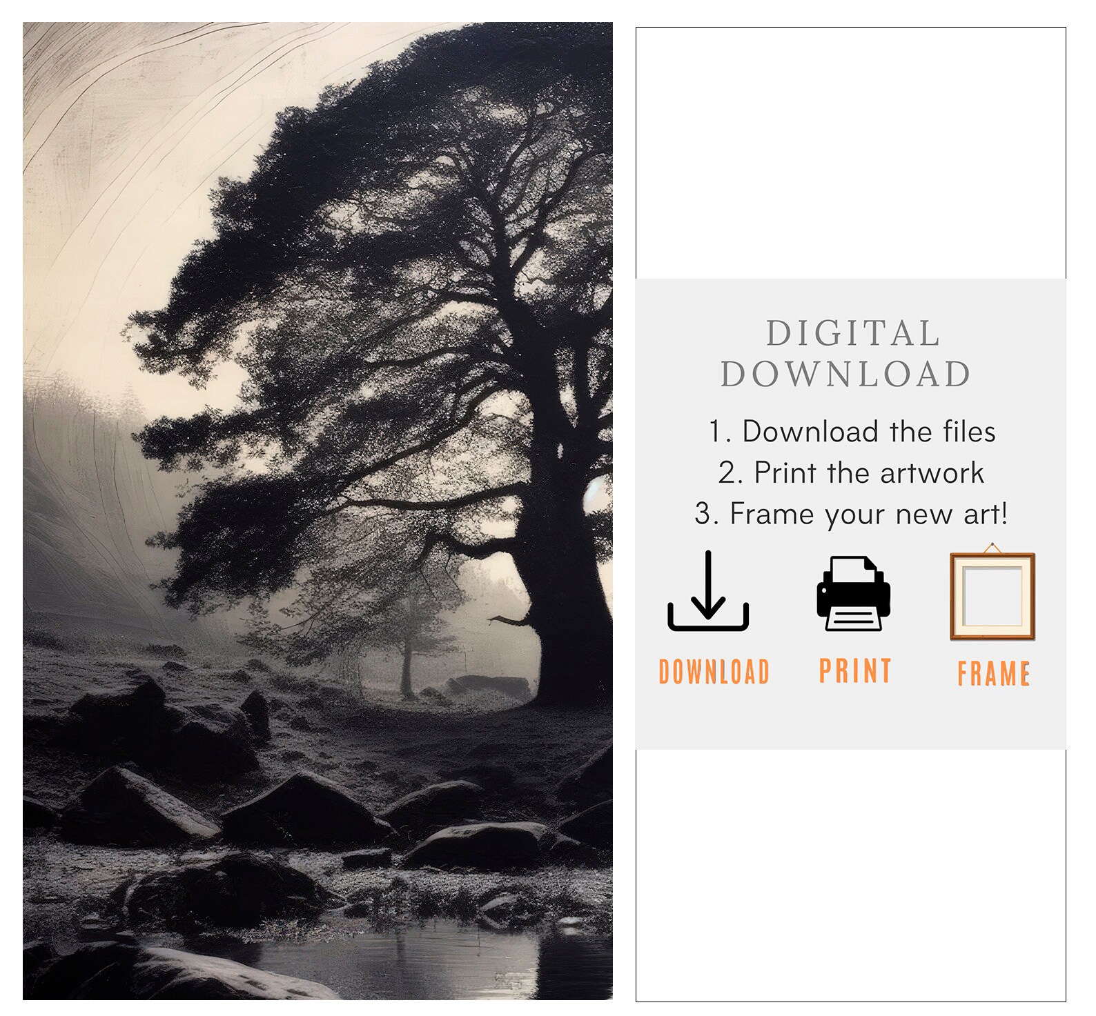 Oak Tree Printable Wall Art L Oak Tree Print L Black and White Painting ...