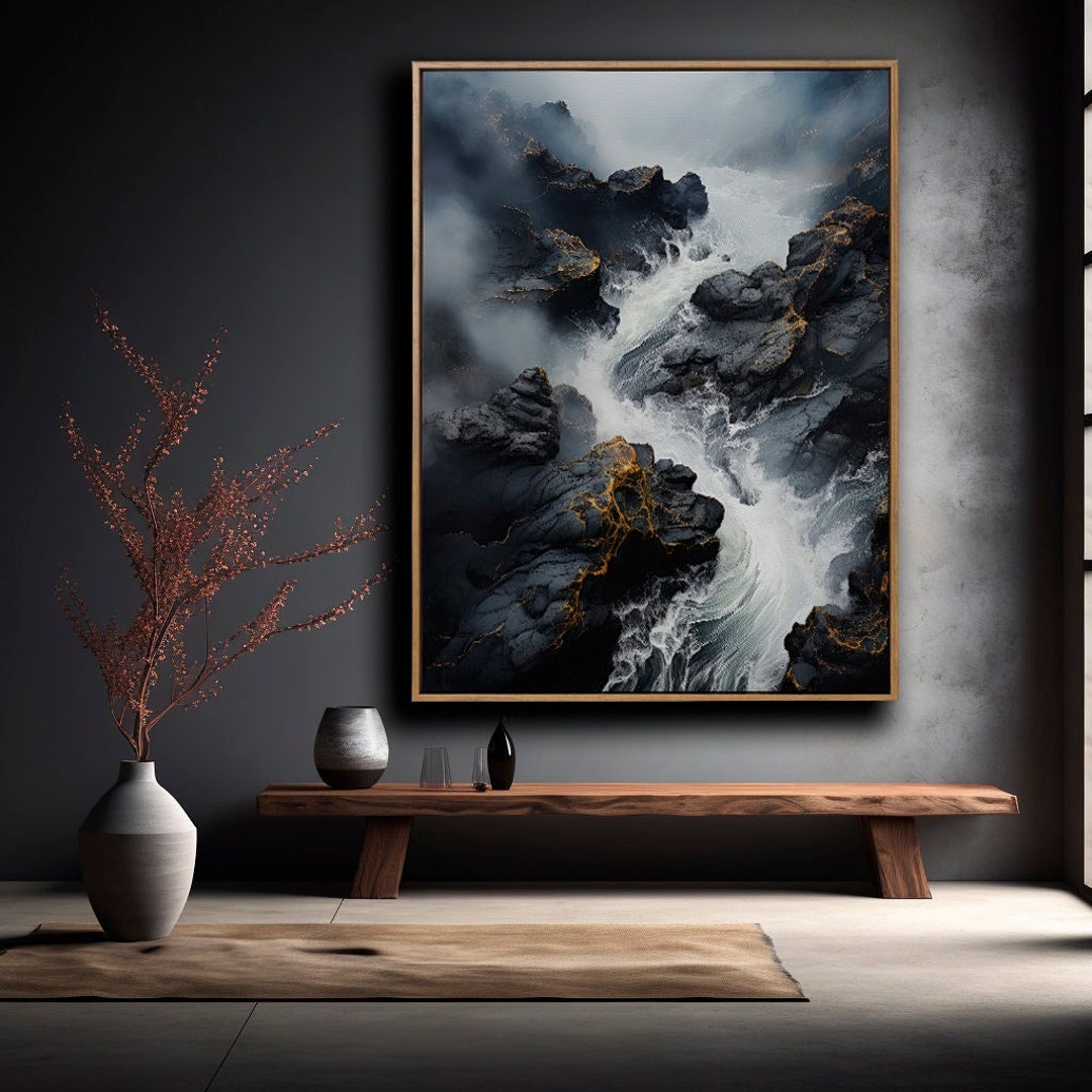 River Painting Black Landscape Art Print Dark Tones PRINTABLE Digital ...