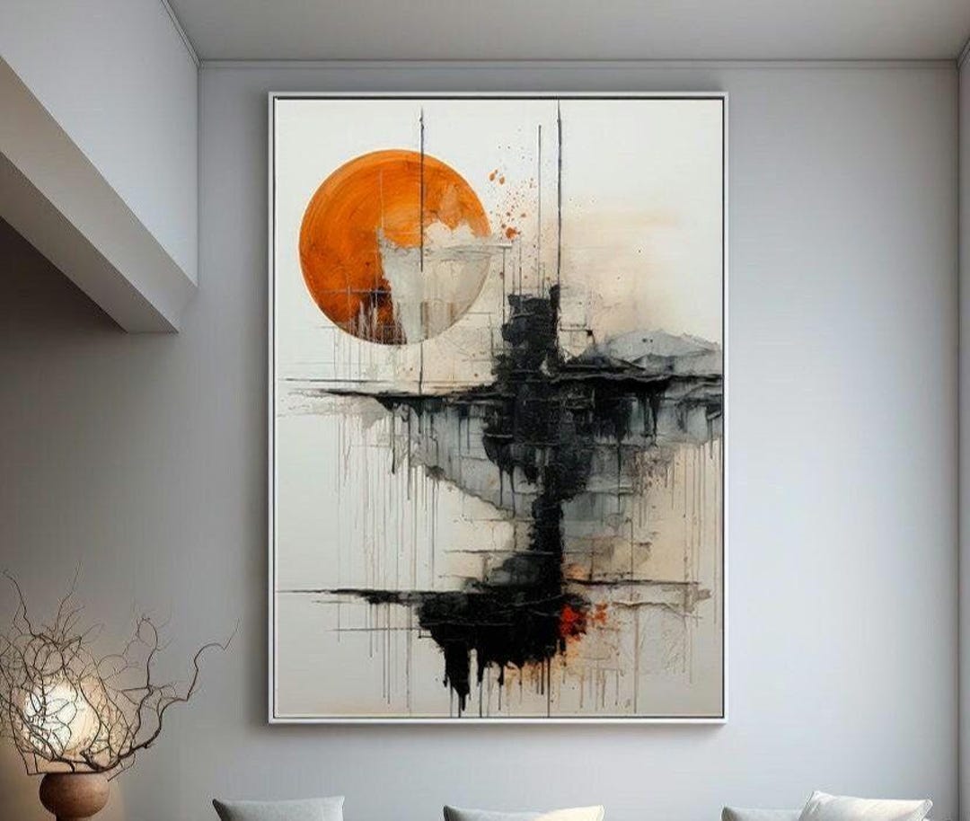 Orange Circle Abstract Art: Black and White Textured Impasto (digital ...
