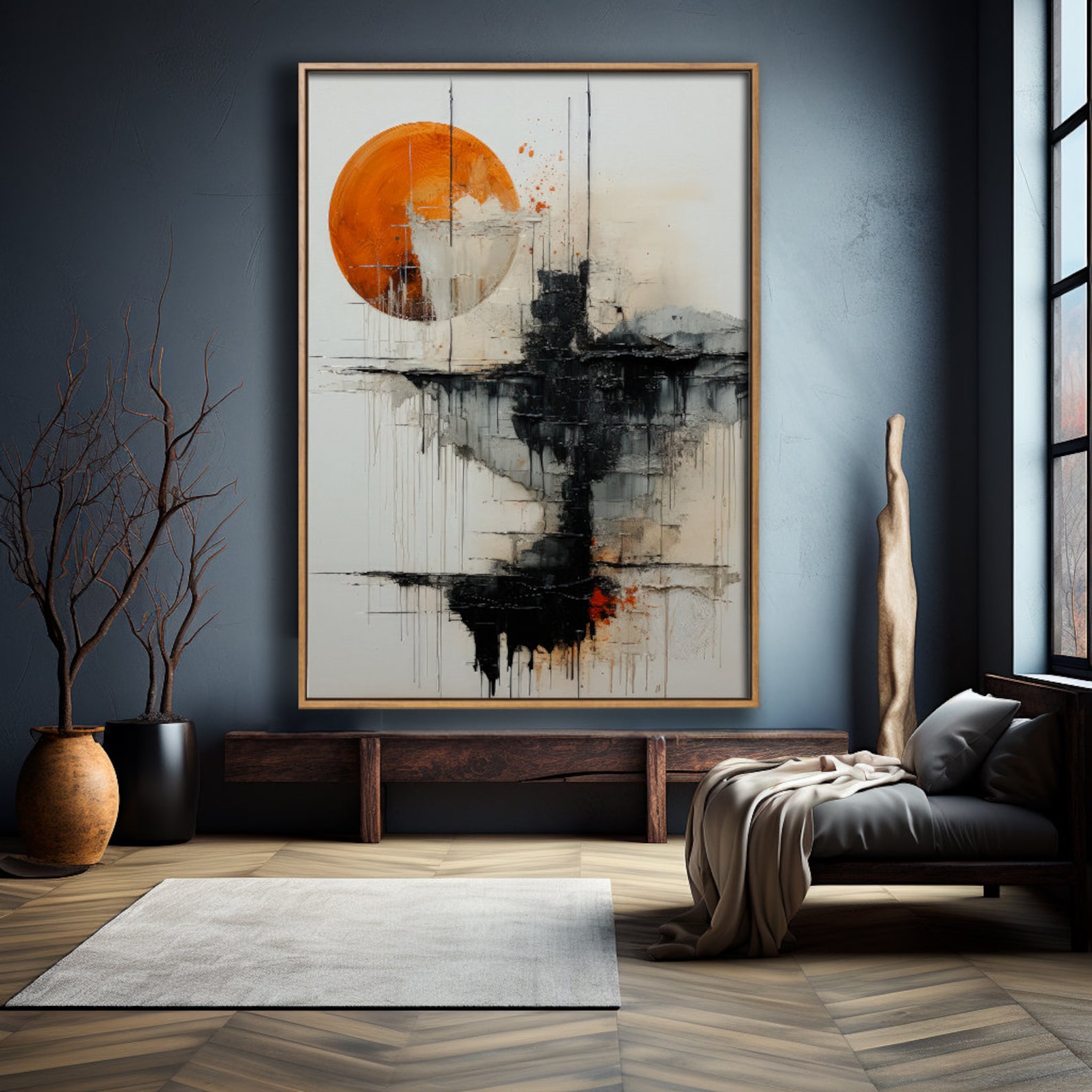 Orange Circle Abstract Art: Black and White Textured Impasto (digital ...